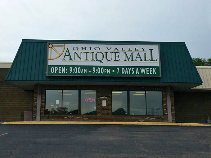 Ohio Valley Antique Mall's modest green-roofed entrance belies the labyrinth of vintage treasures waiting inside this all-day treasure hunting ground.