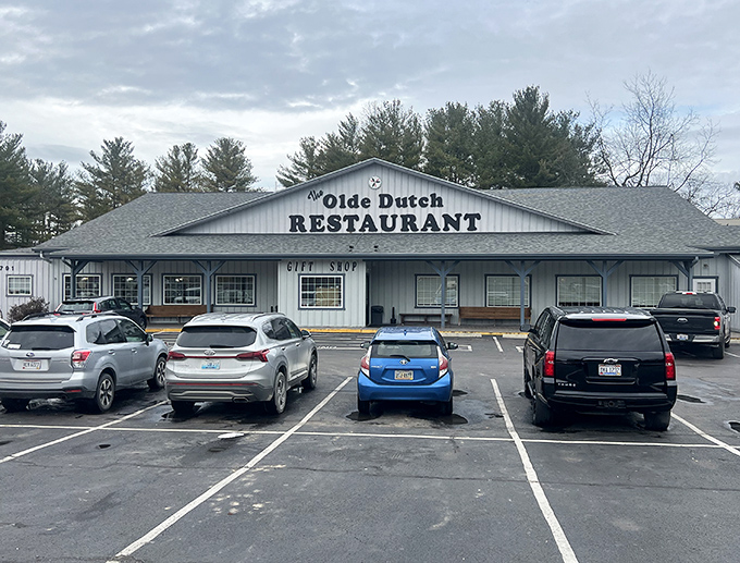 The Olde Dutch Restaurant's classic white exterior houses decades of cooking traditions and pie recipes worth driving miles for.