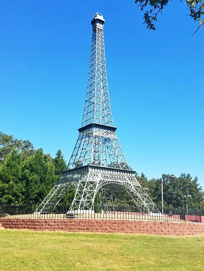 Paris, Tennessee's unexpected Eiffel Tower replica stands tall against blue skies&mdash;no passport required for this charming surprise.