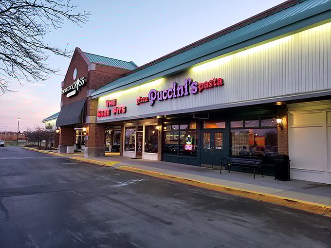 Puccini's purple and red signage brings a splash of color to strip mall dining &ndash; and wait till you taste the pizza!