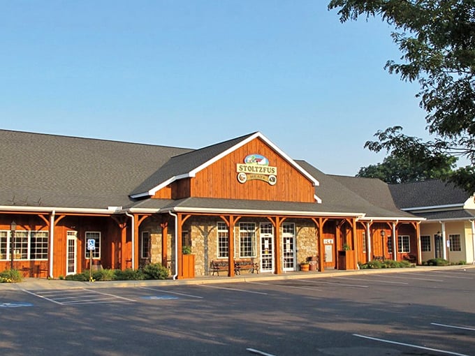 Stoltzfus Meats' rustic wooden exterior promises authentic flavors. That porch practically begs you to sit a spell after your meal.