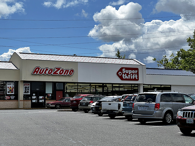 SuperThrift shares space with AutoZone, proving you can fix both your car and your wardrobe in one convenient stop.