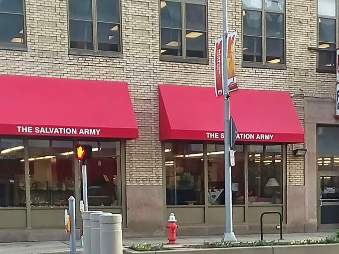 The Salvation Army's historic building and cherry-red awnings &ndash; a Cleveland landmark of giving and finding.