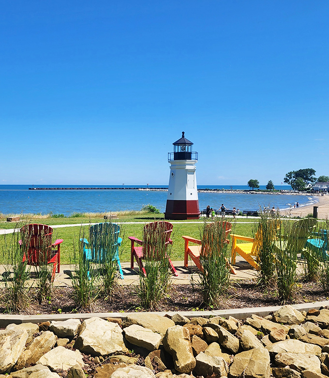 Vermilion's candy-striped lighthouse brings a splash of color to the shoreline. Those chairs are calling my name!