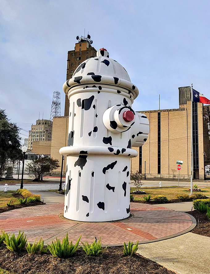 Spot the giant fire hydrant! This dalmatian-decorated behemoth would require one enormous fire hose to operate.