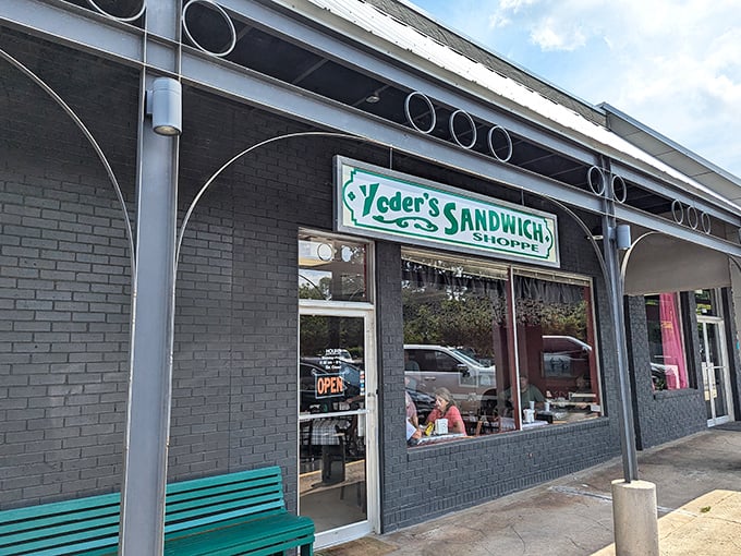 Yoder's charming storefront with its teal bench invites you to sit awhile and savor every homemade bite. 