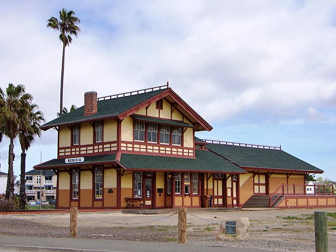 The historic Benicia train station stands as a charming reminder of California&rsquo;s railway heritage, with its classic architecture and surrounding palm trees.