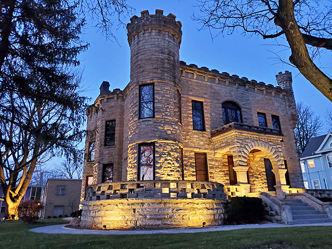 This stone castle in Bishop Hill glows at twilight, looking like it was plucked from a European countryside and planted in Illinois.