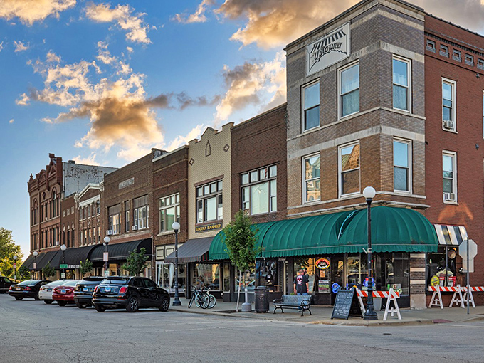 Morning light warms the brick facades of Charleston's main street, where sidewalk flowers and street lamps add charm to the peaceful scene.