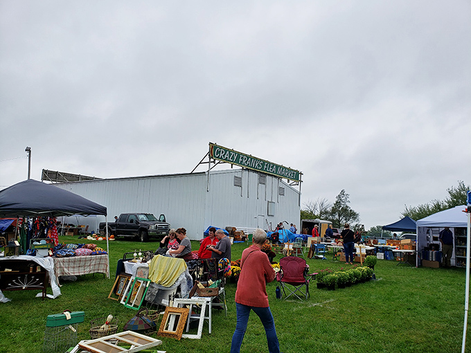 The weathered building exterior promises authentic finds inside, where military surplus meets vintage household gold.