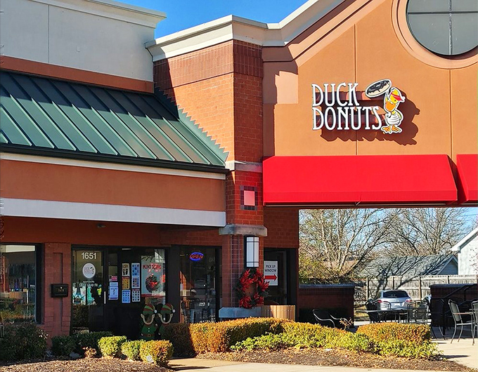 Orange accents and a welcoming entrance. Duck Donuts' Chesterfield location serves up warm, customized rings of joy for every taste preference.