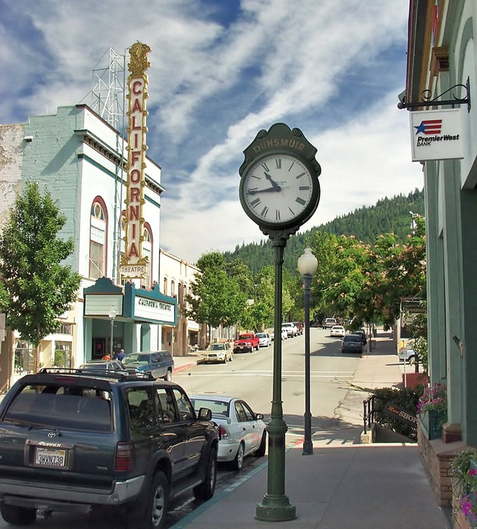 The historic clock in downtown Dunsmuir has been keeping mountain time for generations, watching as trains come and go.