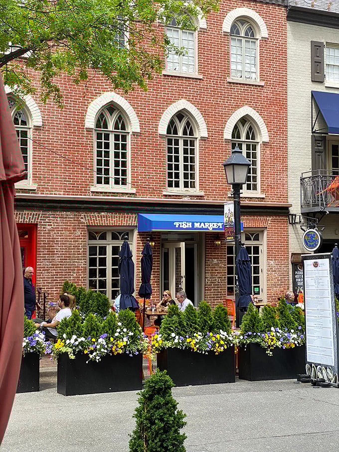 Outdoor dining amid flowers and historic architecture? The Fish Market serves seafood with a side of timeless ambiance.