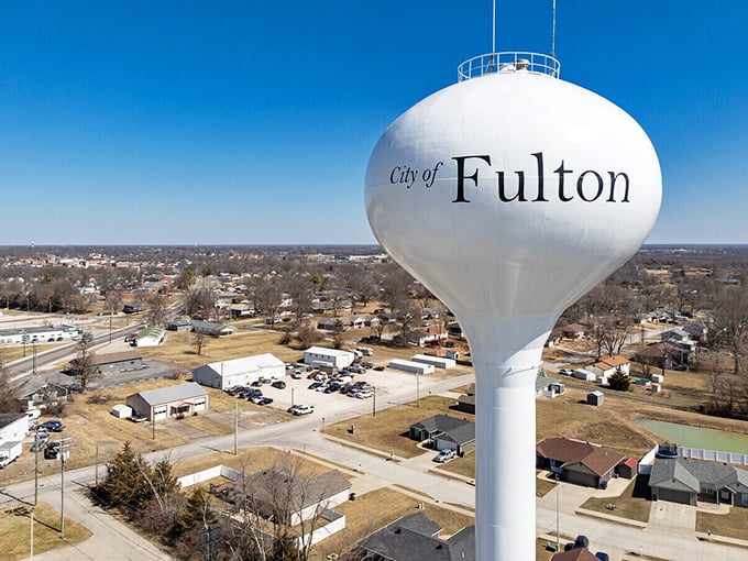 Fulton's iconic water tower stands sentinel over a town where world history and small-town charm shake hands daily.
