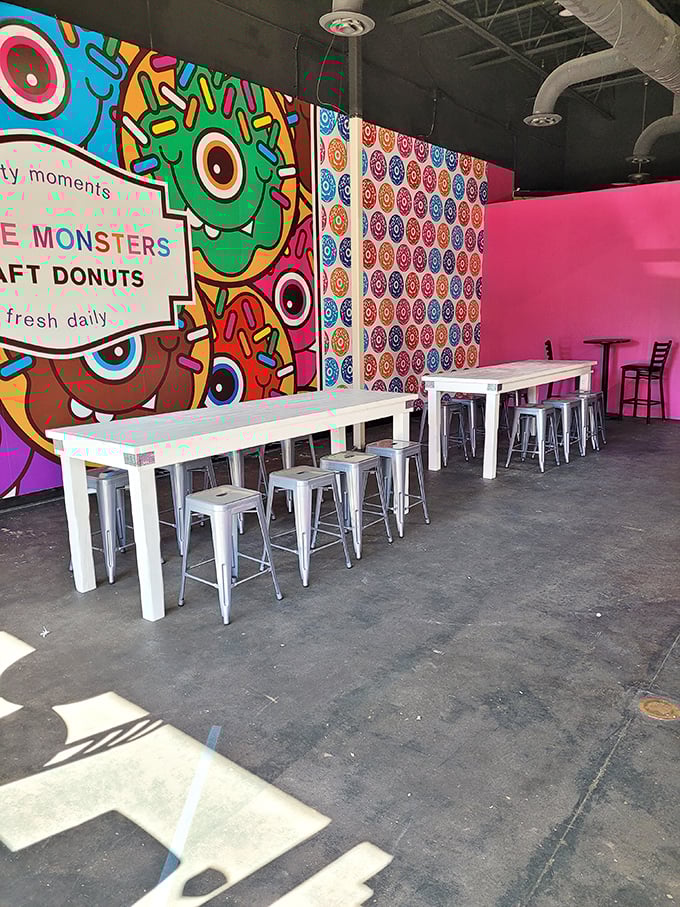 The colorful monster murals at Giggle Monsters set the stage for creative donuts that make adults smile as much as kids.