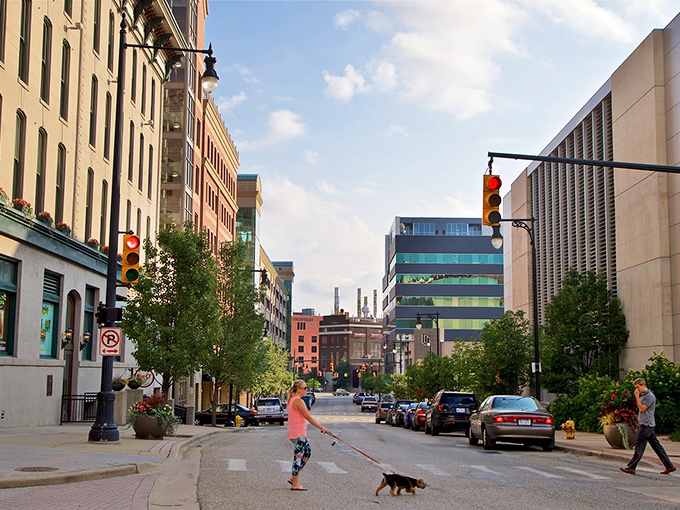 Pedestrians and pups enjoy Grand Rapids' walkable downtown streets, where historic buildings house shops and restaurants.