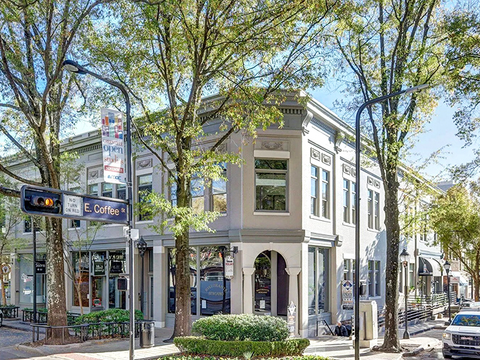 "This elegant corner building anchors Greenville's historic charm. Those mature trees have been providing shade to shoppers since your grandparents' day."