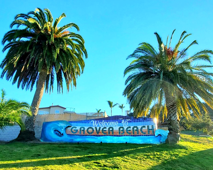 Grover Beach: "Welcome to Grover Beach" announces the cheerful sign, framed by towering palm trees that sway in the ocean breeze.