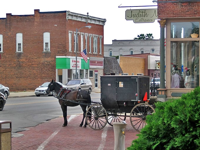 A classic Amish buggy waits patiently outside a LaGrange shop&mdash;the original park-and-ride system that never goes out of style.