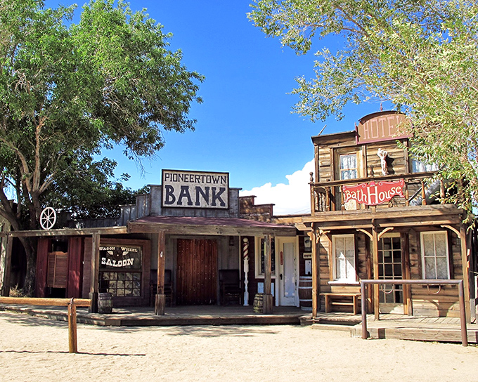 The Pioneertown Bank and Bath House look ready for a cowboy showdown at high noon. Tumbleweeds not included!