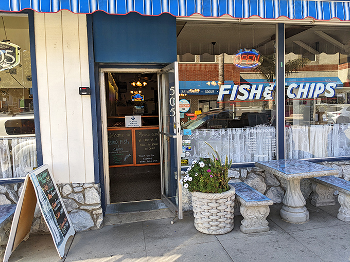 The charming blue-trimmed entrance to Pismo Fish and Chips welcomes hungry visitors with the promise of simple seafood done right.