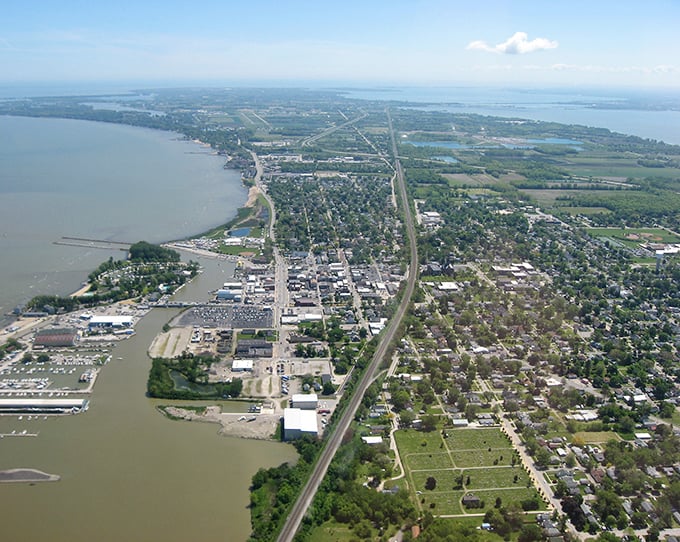 Port Clinton's aerial view reveals the secret: lakeside living can be affordable when you know where to look.