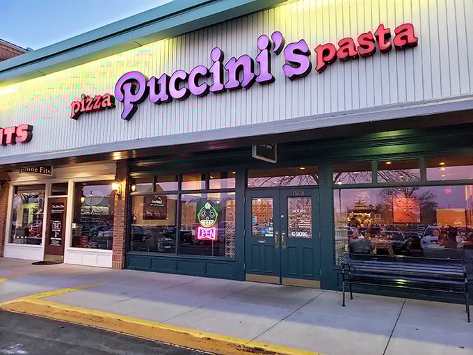 Evening at Puccini's &ndash; when the glowing sign beckons pasta and pizza lovers to indulge in Italian-inspired delights.