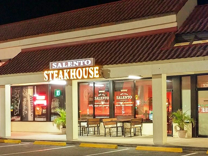 Night falls but Salento's sign shines bright, beckoning Jacksonville carnivores to discover steaks with Latin flair.