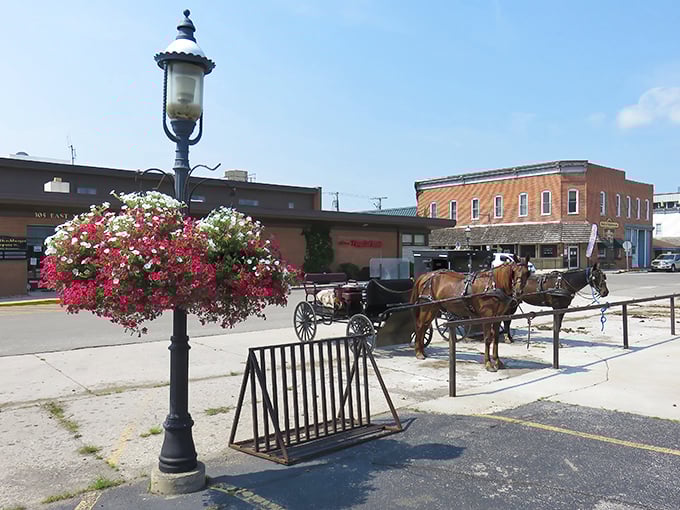 Flower baskets and hitching posts coexist in Shipshewana, where past and present maintain a respectful friendship.