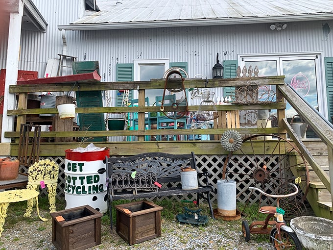 Steps leading to Simply Charming promise adventure among weathered treasures and garden finds with stories to tell.