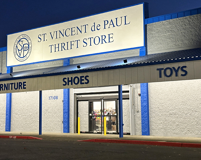 The clean, professional facade of St. Vincent de Paul houses one of Portland's largest collections of second-hand treasures.