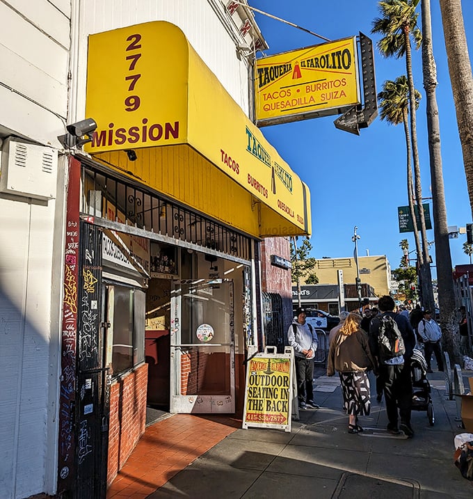This unassuming corner spot with its vintage sign has saved countless San Franciscans from hunger emergencies at all hours. Yellow sign, golden tacos!