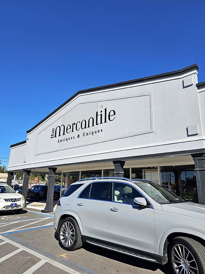 A clean, open exterior and ample parking &mdash; the ideal setup for Florida antique hunters outside The Mercantile.