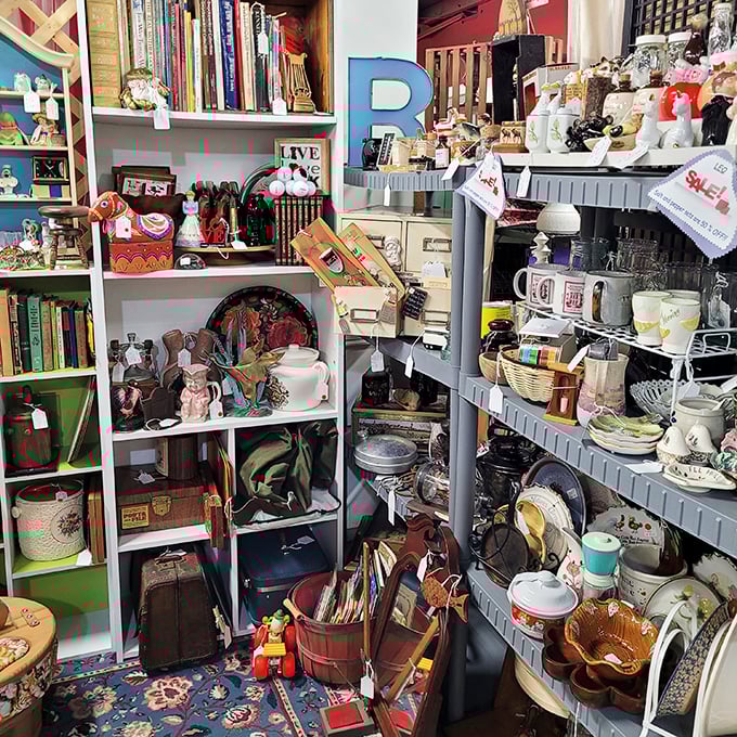 Books, pottery, and vintage finds create the perfect storm of nostalgic treasures in compact spaces. 