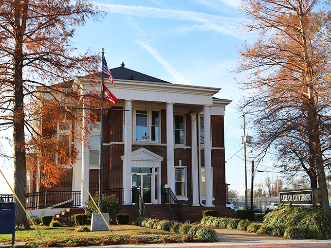The Lake County Courthouse in Tiptonville rises above the town, its columns reaching toward skies that have witnessed Mississippi River history.