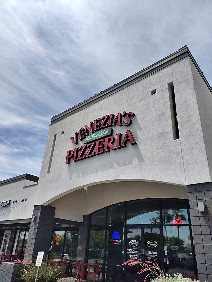 Clean lines and modern design at Venezia's &ndash; but the pizza inside is pure old-school New York tradition.