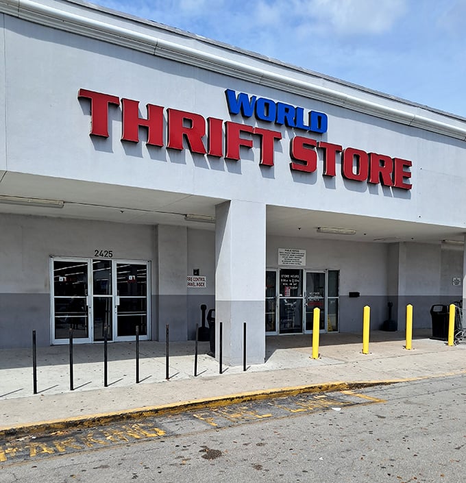 Those bold red letters aren't just a sign&mdash;they're a promise of the thrifting adventure that awaits inside.