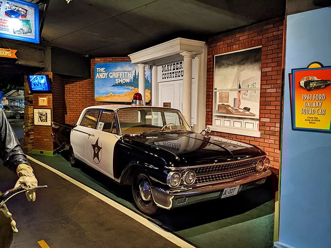 Mayberry's finest patrol car stands ready for Andy and Barney's next small-town adventure, a nostalgic reminder of simpler times and slower speeds.