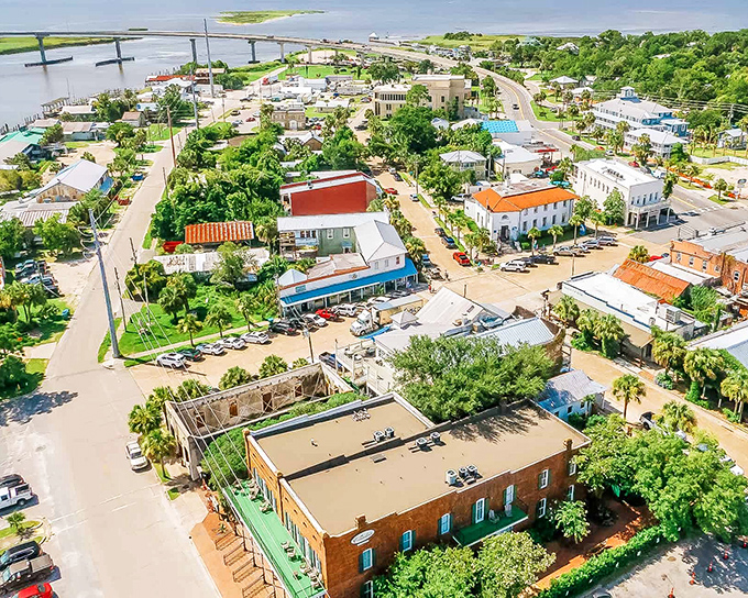 A bird's-eye view reveals Apalachicola's colorful patchwork of historic buildings, tree-lined streets, and waterfront charm that no developer could improve upon.