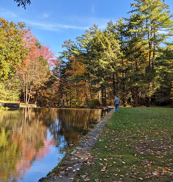 Fall's reflection doubles the autumn color show. Nature showing off like it's auditioning for a calendar photo shoot.
