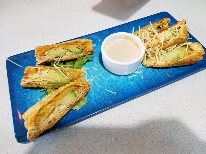 Avocado eggrolls that brilliantly answer the question: "What if Asia and California had a delicious baby on a blue plate?"