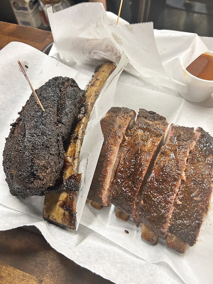 Beef ribs and brisket &ndash; the dynamic duo of Texas barbecue. That bone isn't just for show; it's a handle for your meat lollipop. 