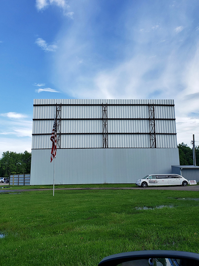 The American flag adds patriotic flair to the back of the screen&mdash;even a stretch limo can't upstage this slice of Americana.