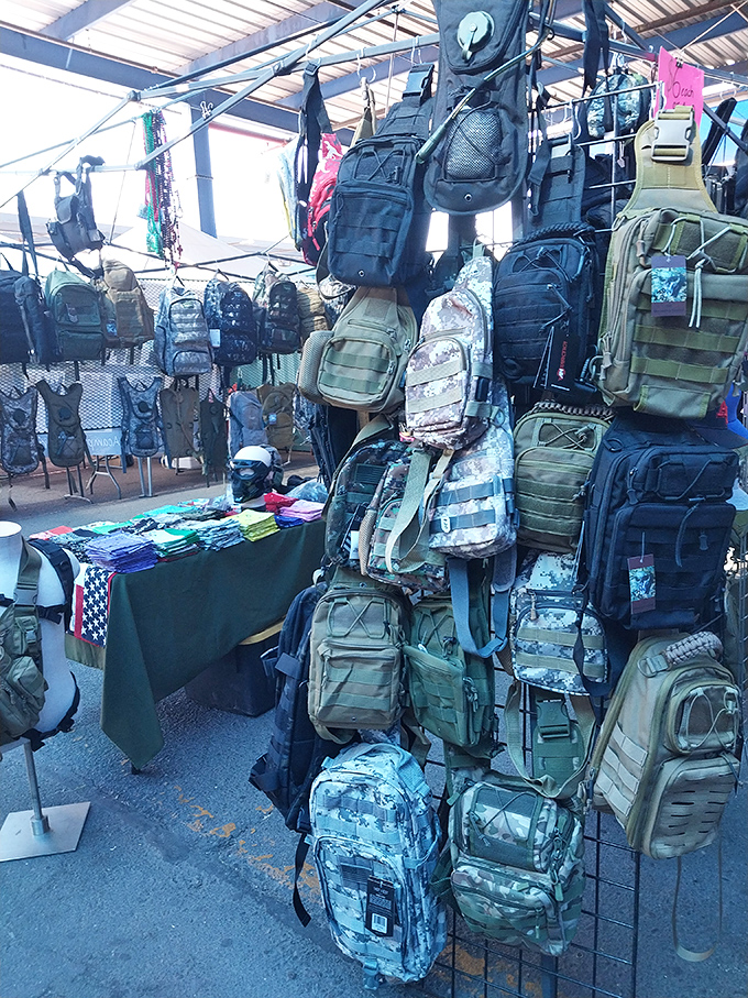 Military-style backpacks hang like armor, ready for your next adventure or camping trip.