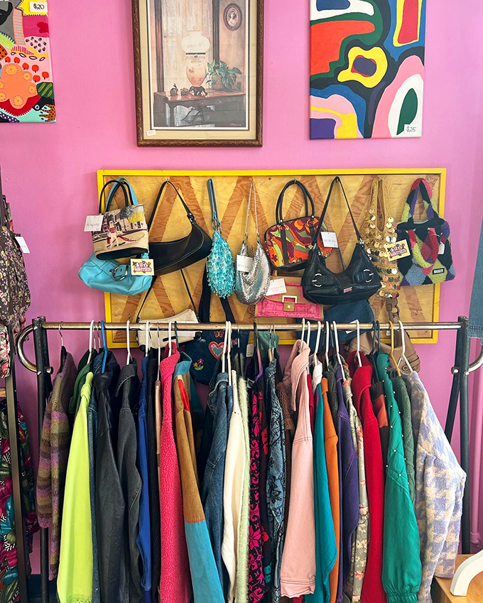 Handbag heaven against a backdrop of vibrant pink. That sequined turquoise number is practically begging for a night out.