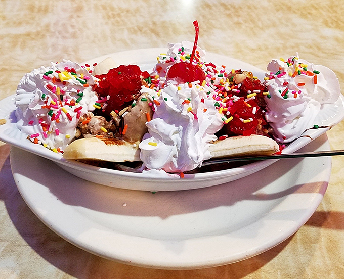 The banana split at Mayfair doesn't whisper "dessert"&mdash;it shouts it with sprinkles, cherries, and enough whipped cream to make your dentist wince.