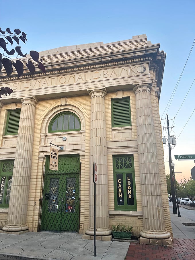 When banks were built to impress! This former financial institution with its imposing columns now houses new businesses in old-world grandeur.