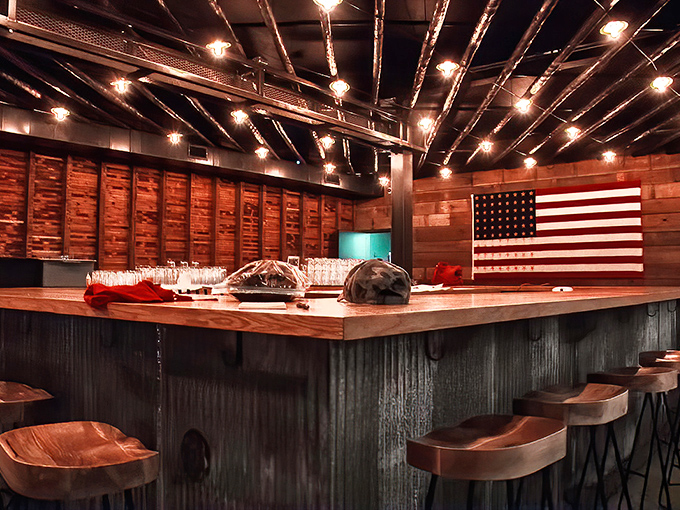 The bar at Walter's doesn't just serve drinks&mdash;it serves Americana, complete with wooden stools and an actual American flag.