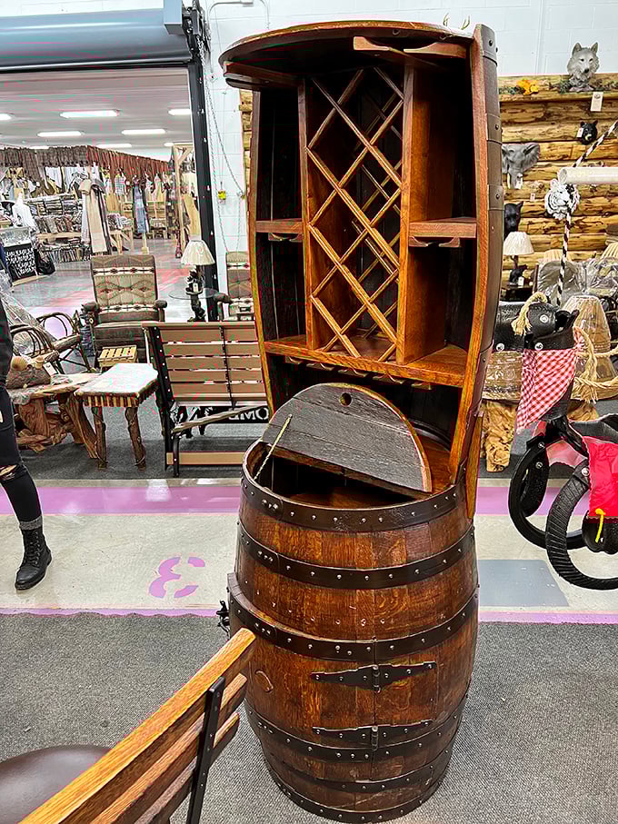 Wine lovers rejoice! This barrel cabinet transforms storage into a conversation piece that would make any basement feel like a Napa Valley tasting room.