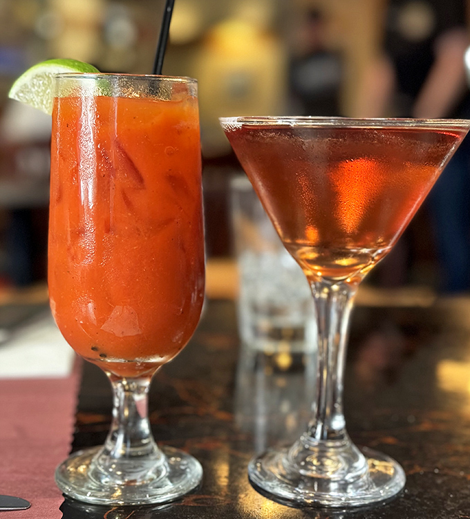 Cocktail artistry at its finest: a spicy Bloody Mary and classic martini standing at attention, ready for weekend duty.